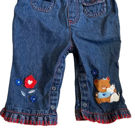 Vintage denim overalls felt appliqué floral and teddy… - Gem
