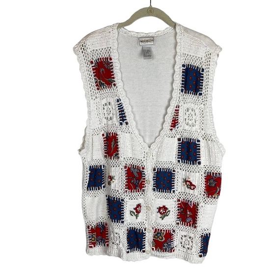 Vintage grannycore granny square crochet red white bl… - Gem