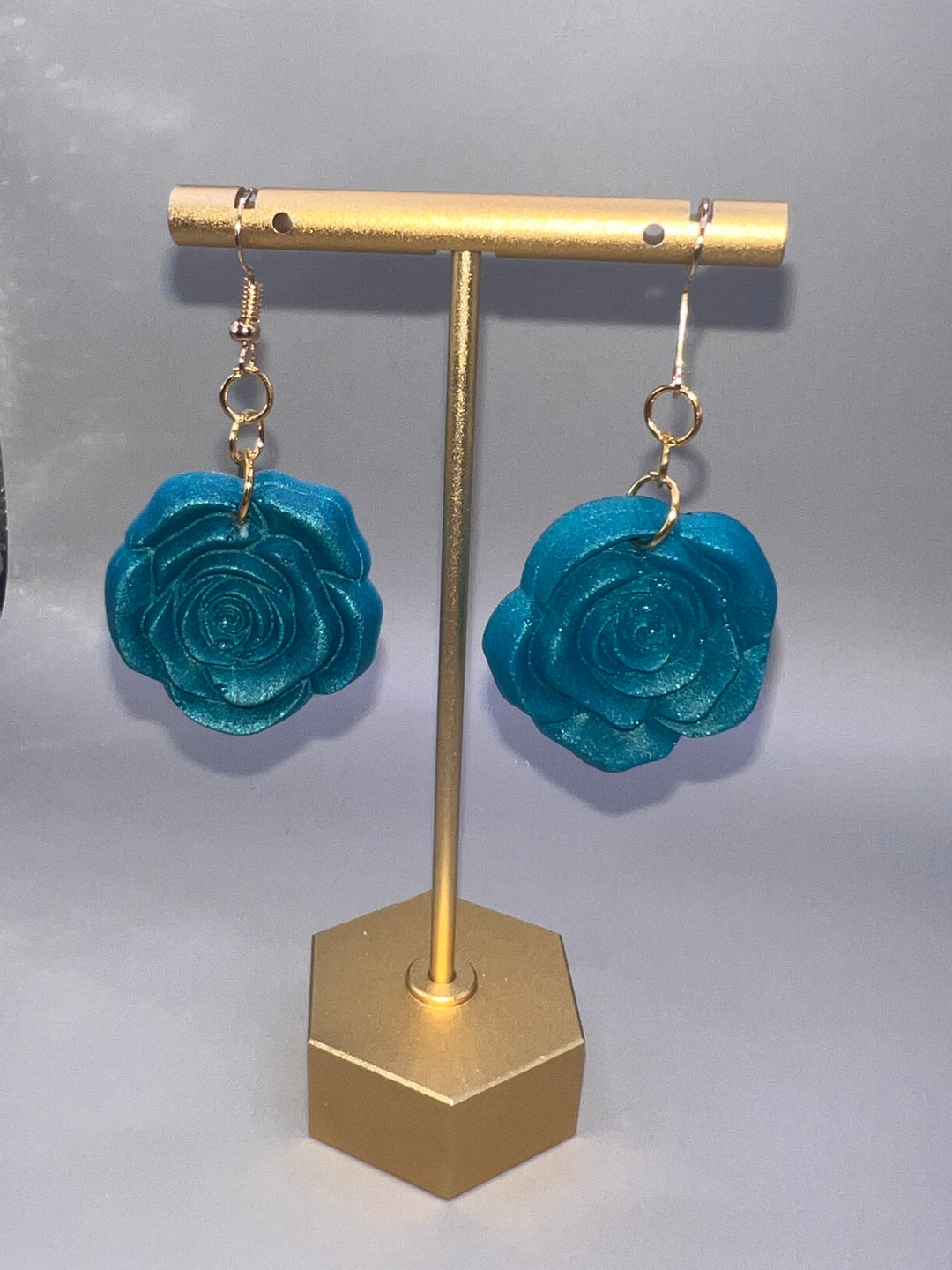 Blue Acrylic Resin Rose Blooming Flower With Gold Clasp Dangle Earrings ...