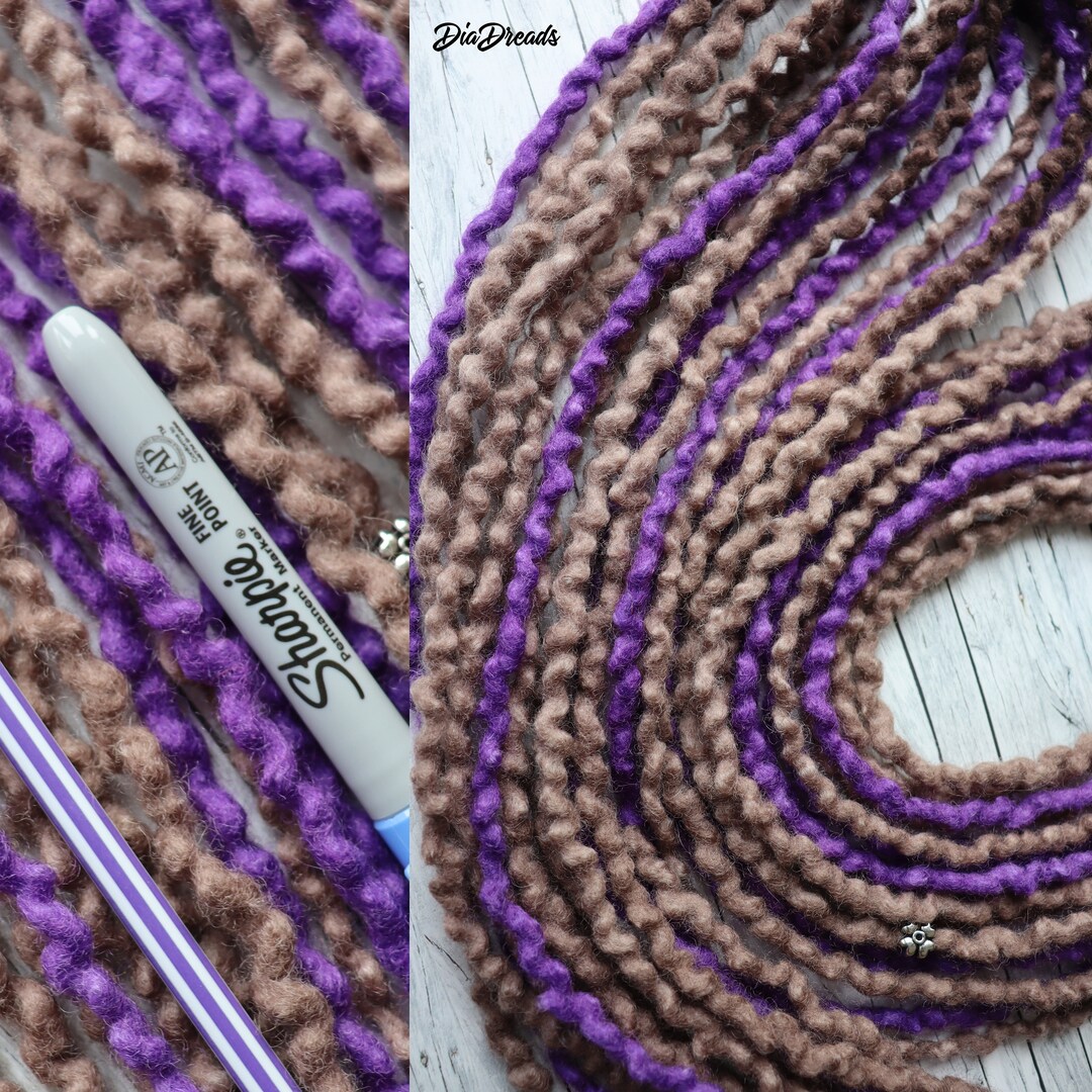 Thin Wavy Wool Dreads ASH Brown With Purple DE Wool Dreadlocks Double ...