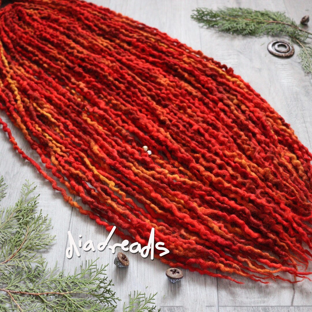 Wavy Thin DE Dreads PHOENIX Wool Dreadlocks Double Ended Extensions Red ...
