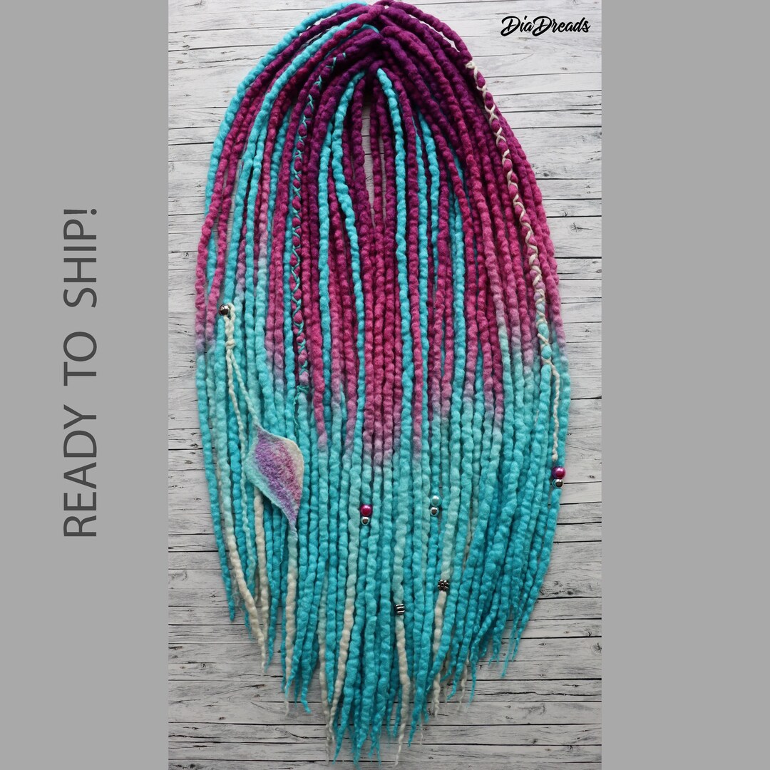 30 DE 22-24" Wool Dreadlocks DE Flower Fairy Purple Pink Aqua Turquoise ...