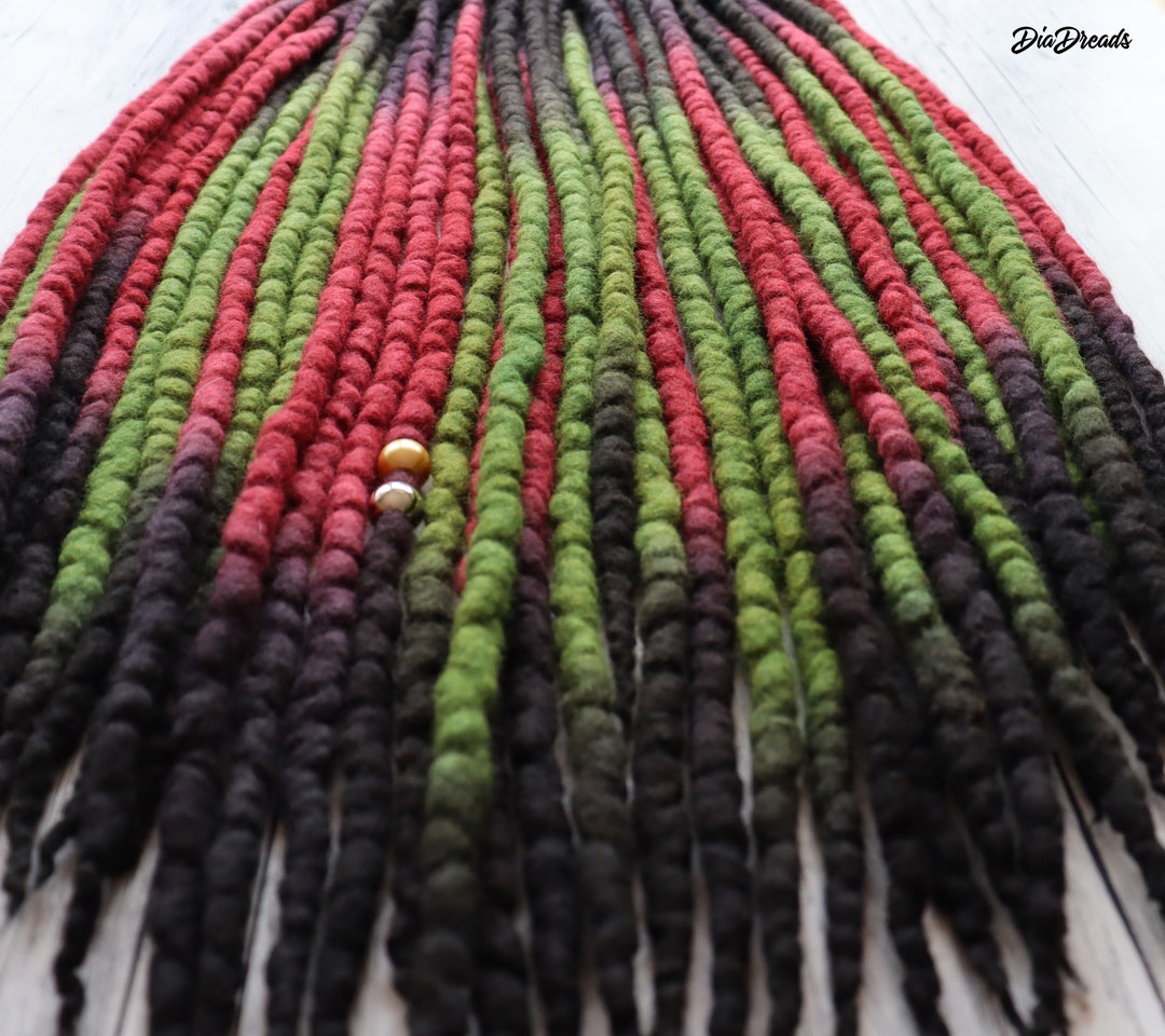 Red Green Wool Dreads DE Braid in Fake Dreads Full Set Dreadlocks Hand ...