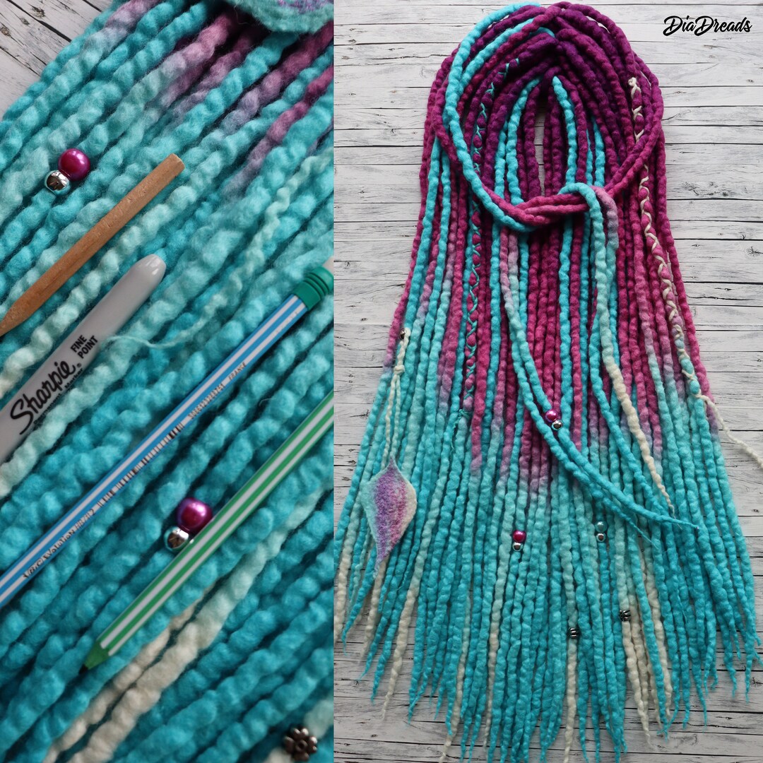 30 DE 22-24 Wool Dreadlocks DE Flower Fairy Purple Pink Aqua Turquoise ...