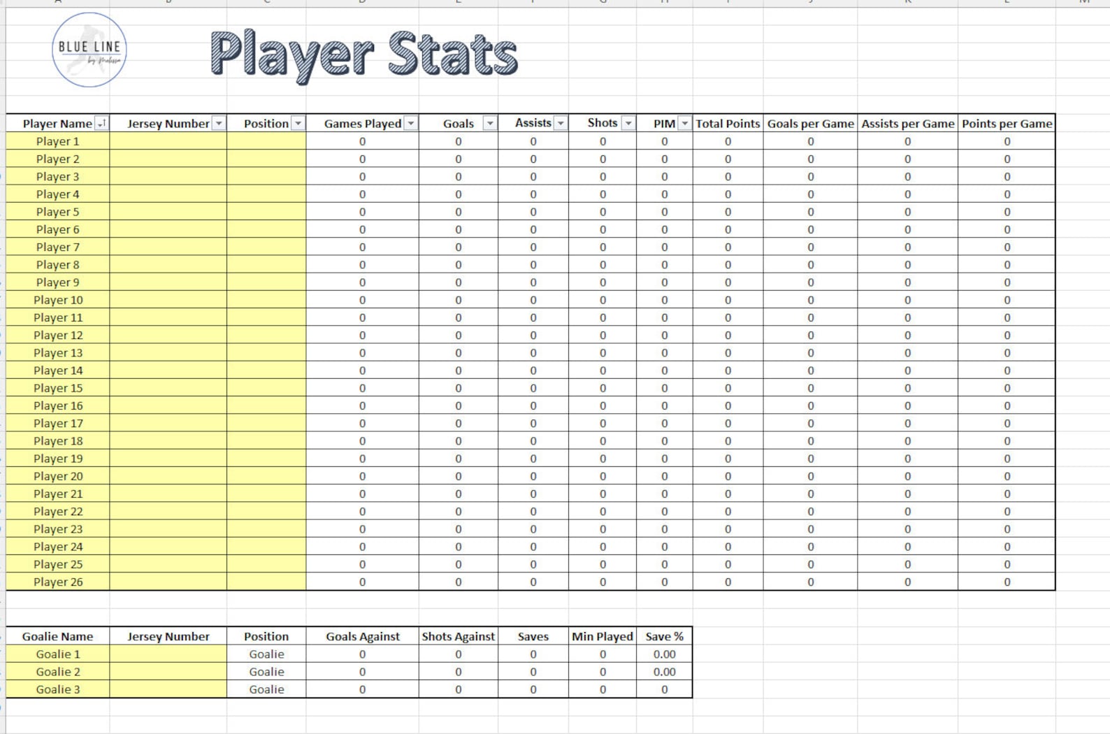 Player Stats Spreadsheet for Hockey Team Manager, Stats Template, Excel ...