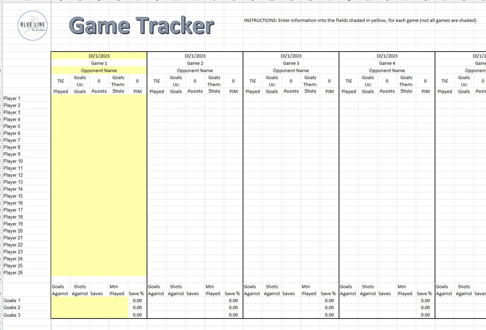 Player Stats Spreadsheet for Hockey Team Manager, Stats Template, Excel ...