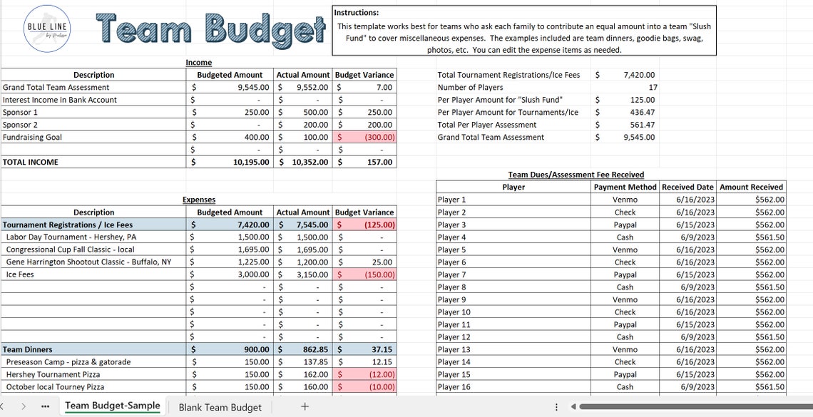 Youth Sports Team Budget Spreadsheet, Team Manager Budget Template ...