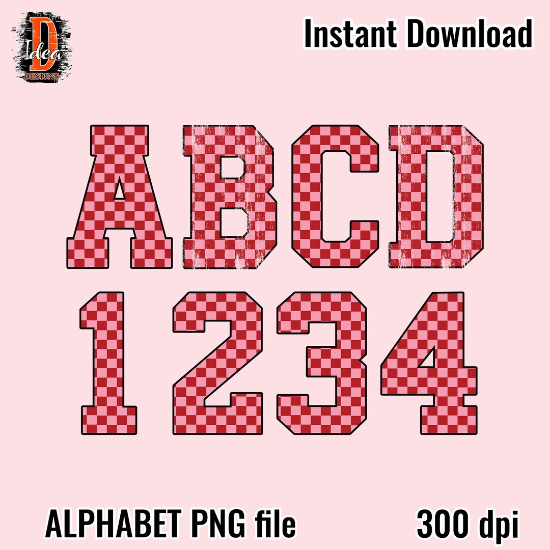 Distressed Retro Checkerboard Alphabet, Red Plaid Font Racing Numbers ...