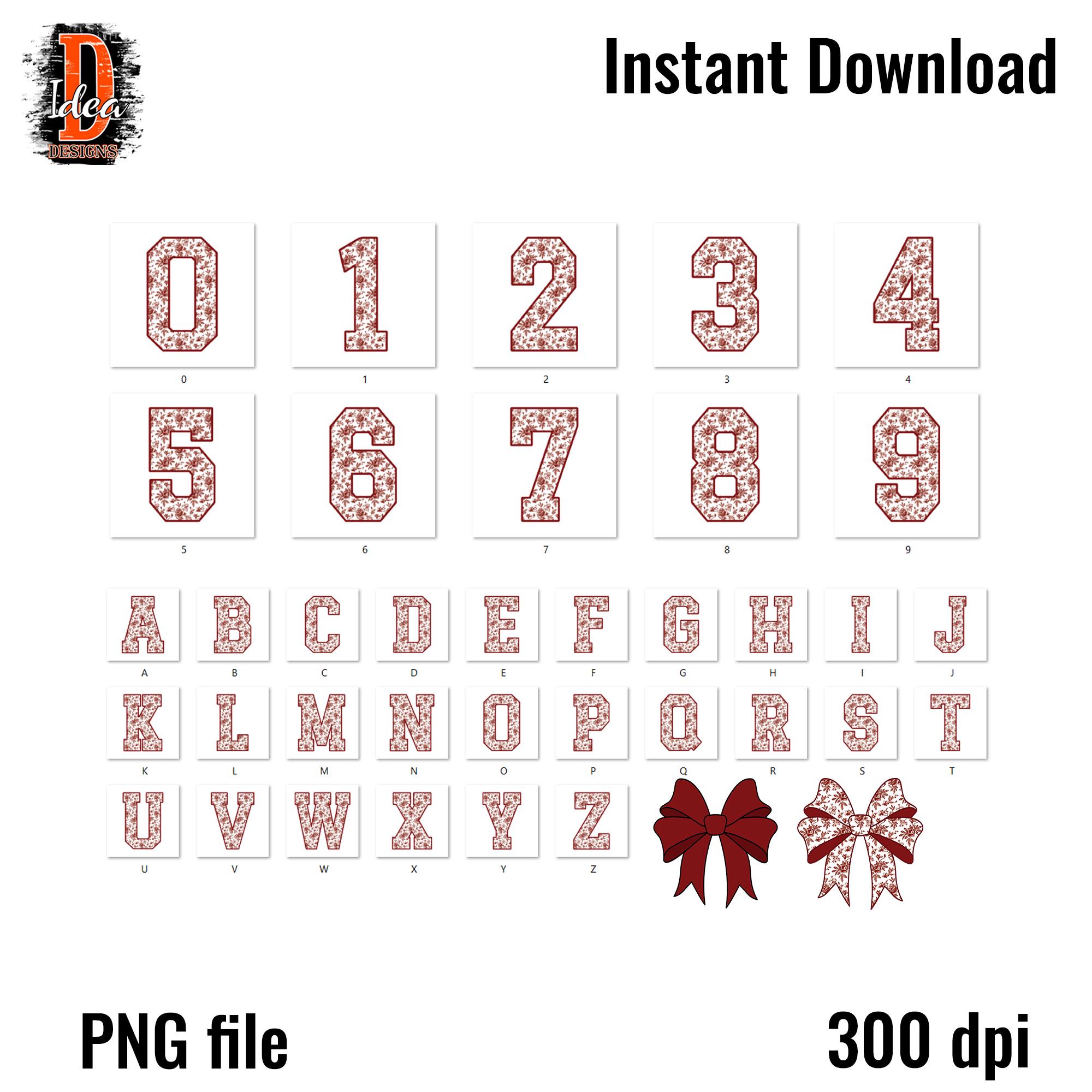 Maroon Toile Alphabet PNG: Watercolor Floral Letters & Numbers (digital ...