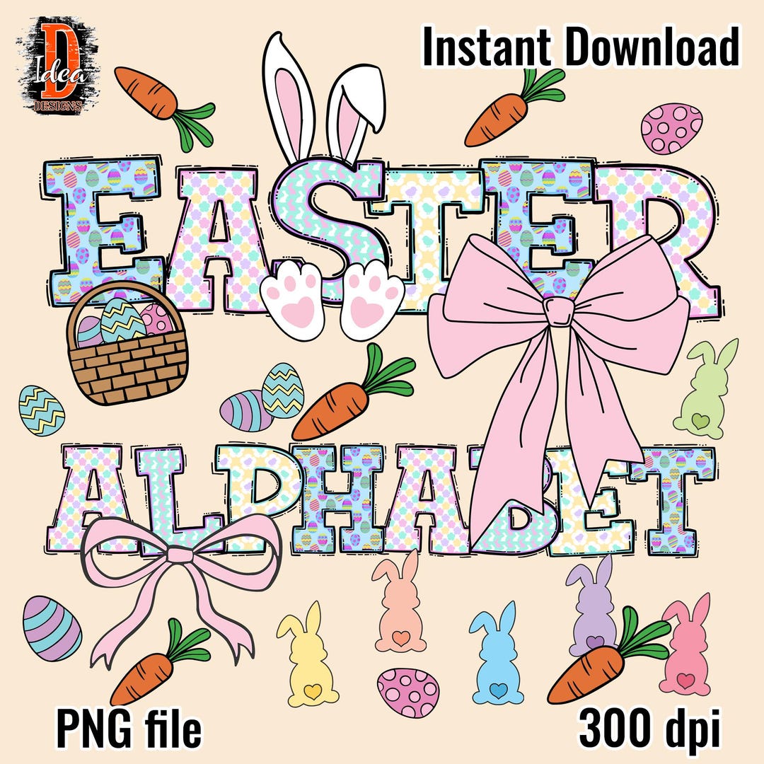 Easter Alphabet Doodle Letters PNG Bundle, Bunny, Easter Eggs Clipart ...