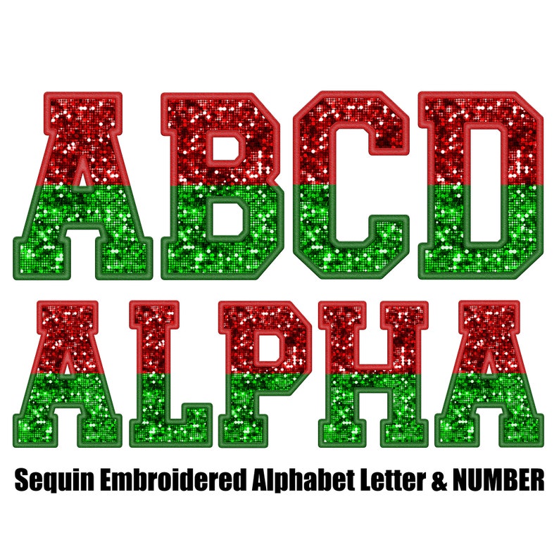 Sequin Embroidered Alphabet & Number Set: Red and Green (digital ...