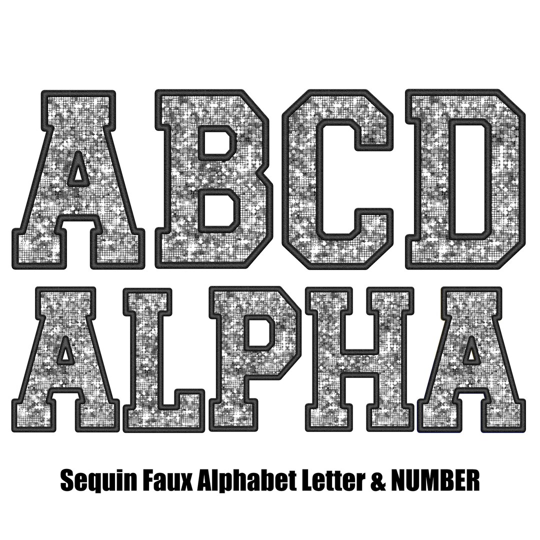 Sequin Faux Silver With Black Outline Glitter Embroidered Alphabet ...