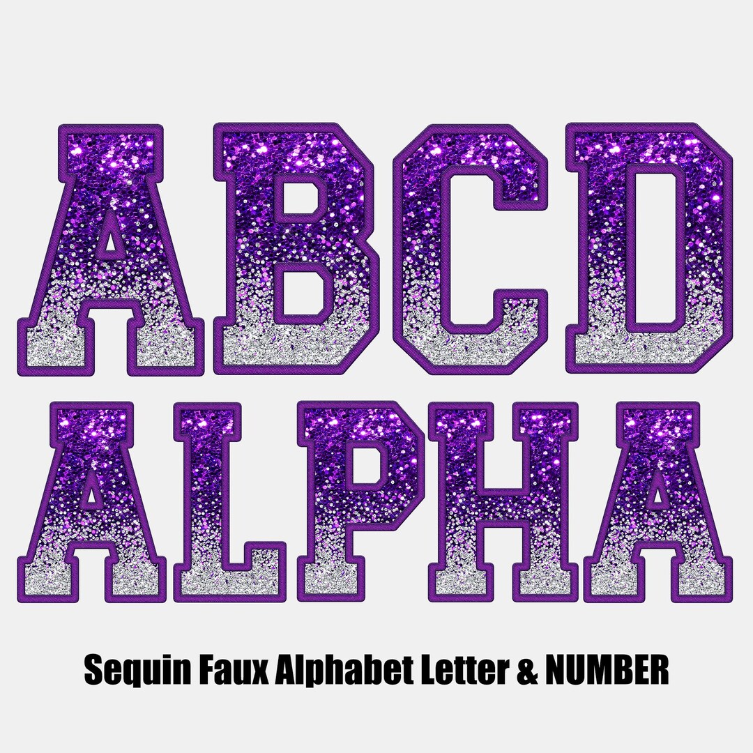 Purple Sequin Alphabet and Number Clipart: Digital Embroidery Font (PNG ...