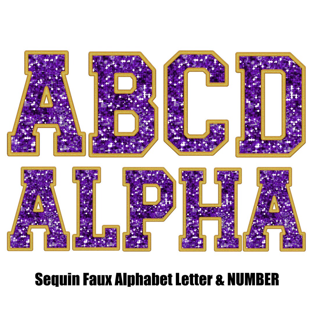 Sequin Faux Purple and Gold, Glitter Embroidered Alphabet Letters ...