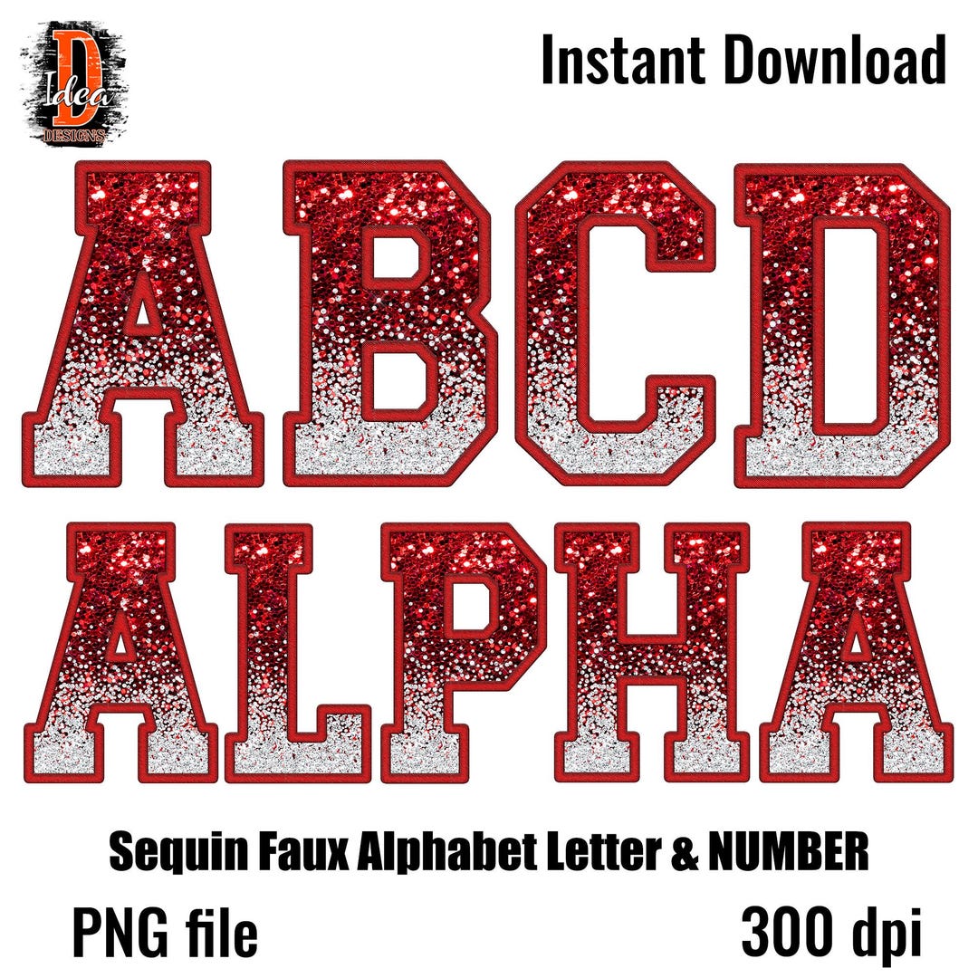 Red Sequin Alphabet & Number Clipart: Embroidery Alpha PNG (digital ...