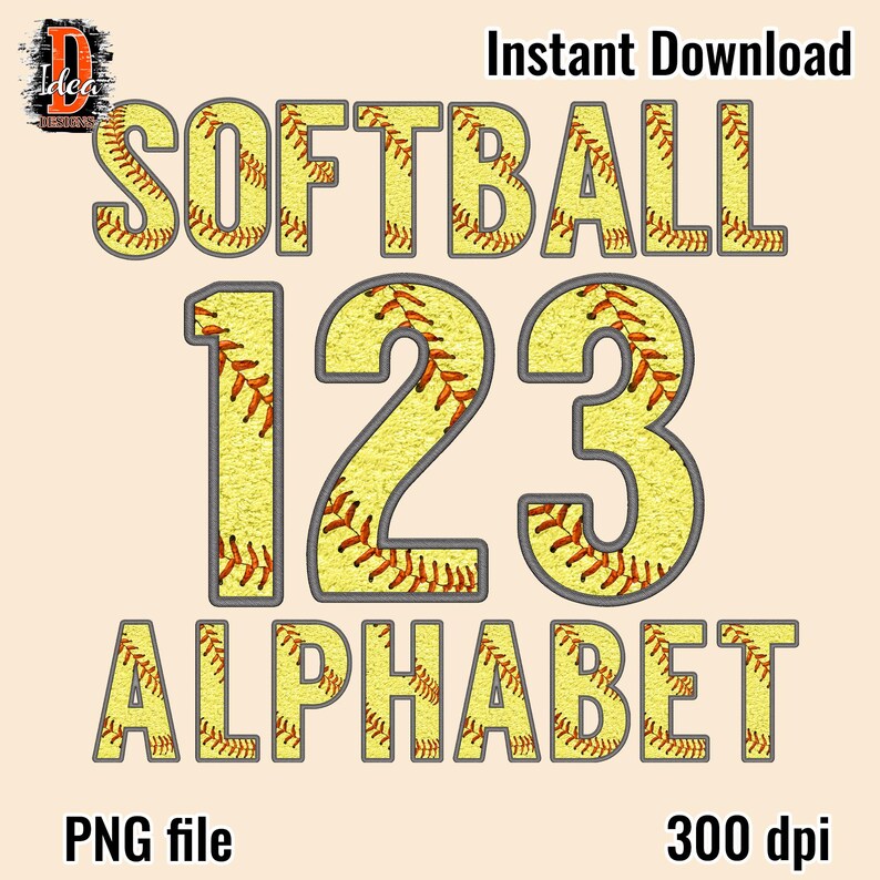 Softball Faux Embroidery Alphabet & Numbers PNG Bundle (digital ...