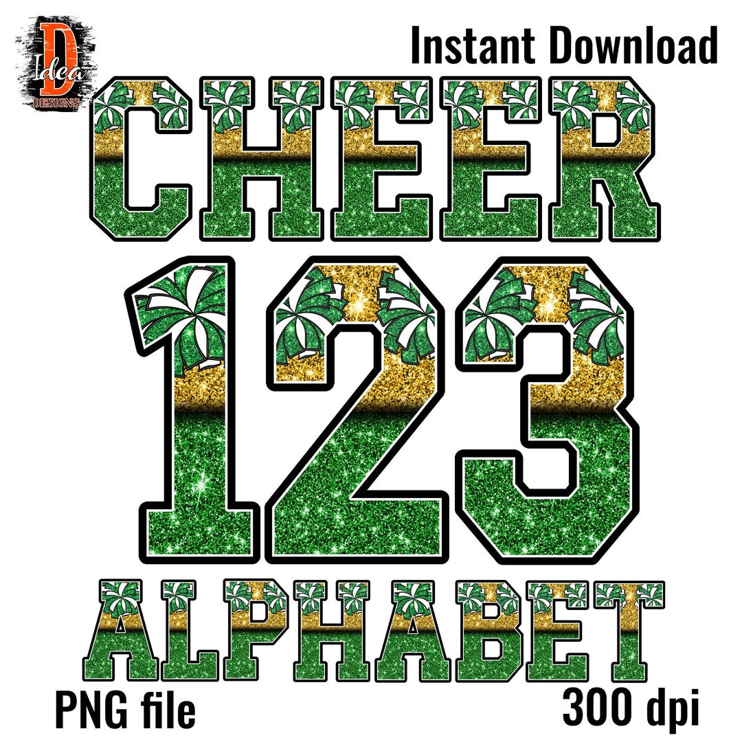 Cheer Letters Green and Gold Glitter Alphabet Letters PNG Bundle, Cheer ...