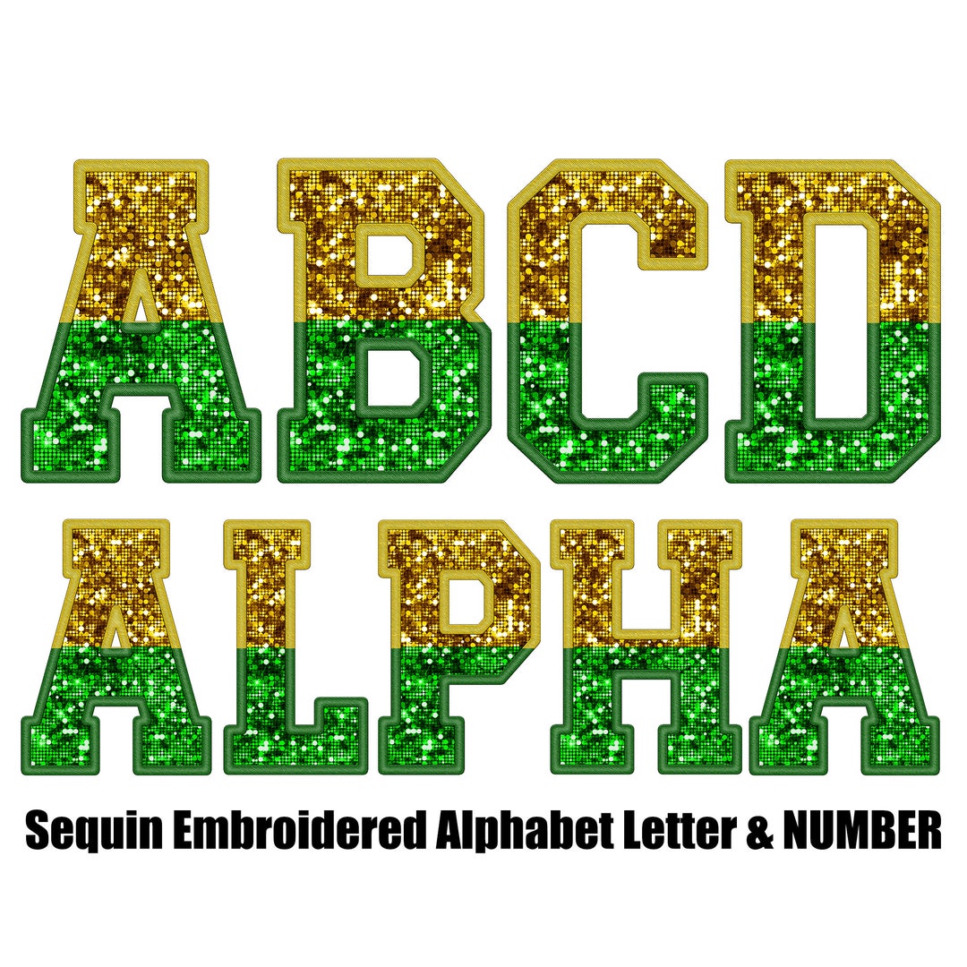 Sequin Faux Yellow and Green Glitter Embroidered Alphabet Letters ...