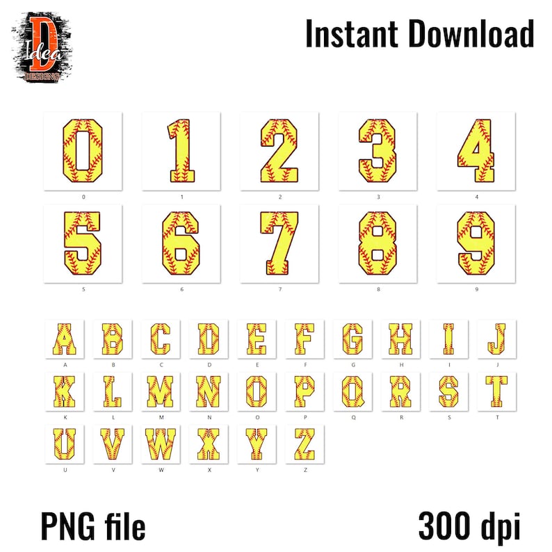 Softball Letters & Numbers PNG Bundle: Stitch Doodle Font (digital ...