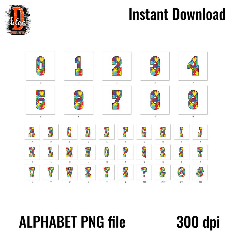 Autism Awareness Alphabet & Numbers PNG: Puzzle Letter Sublimation ...