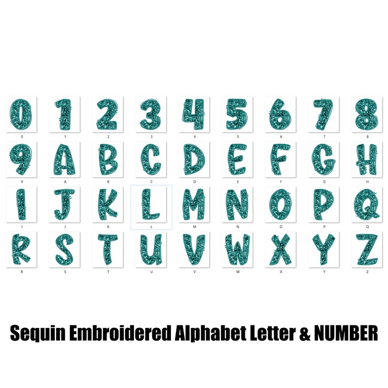 Teal Sequin Alphabet & Number Clipart: Embroidered PNG (digital ...