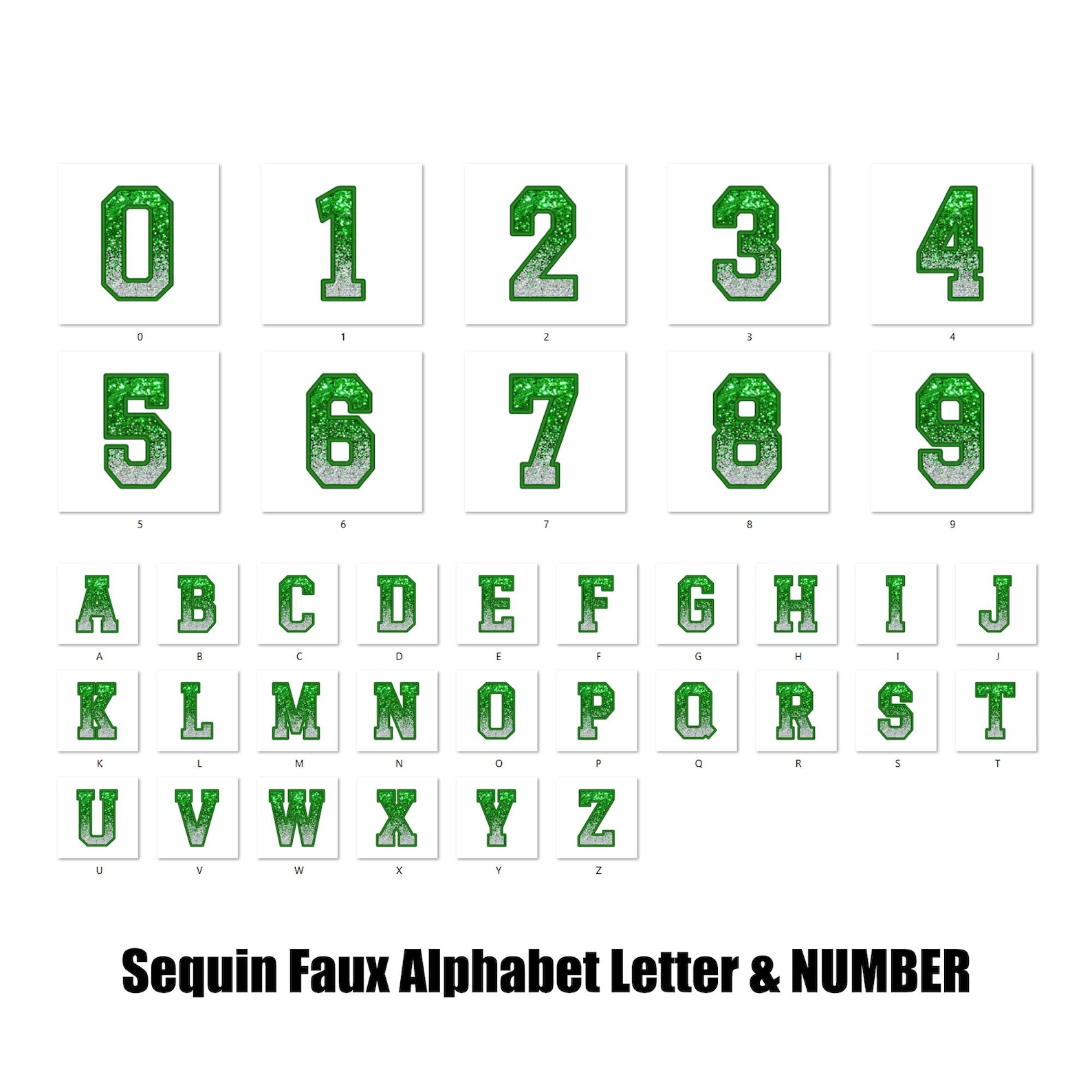 Green Sequin Alphabet & Number Clipart: Embroidery Alpha PNG (digital ...