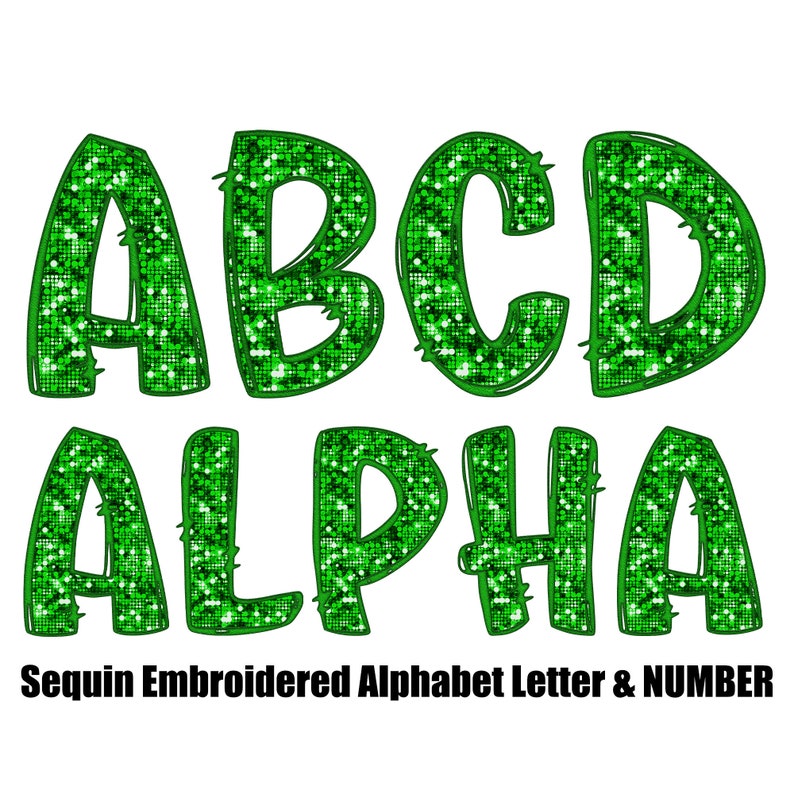 Green Sequin Alphabet and Number Clipart: Stitched Alpha PNG (digital ...