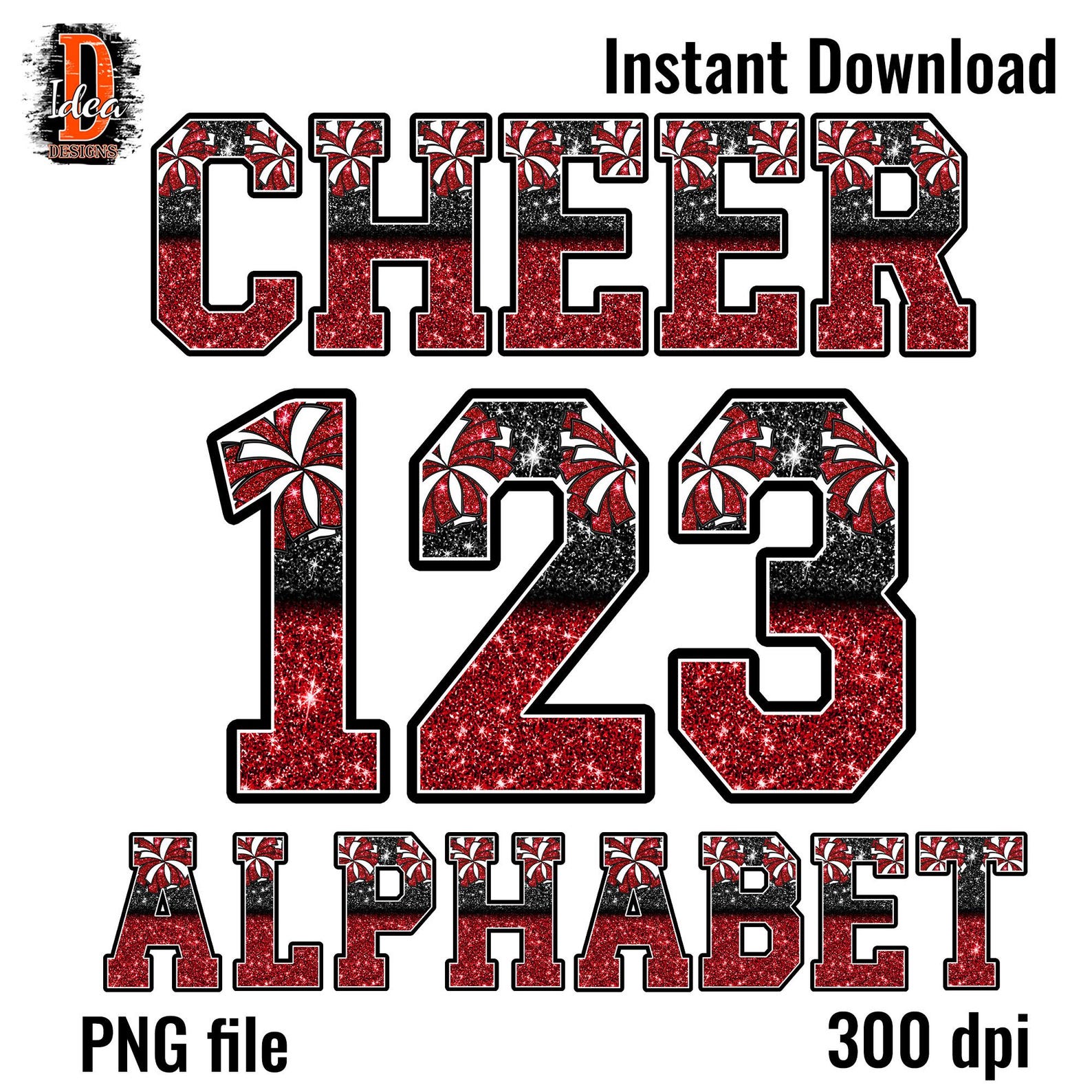 Cheer Letters PNG Bundle: Red & Black Glitter Alphabet (digital ...