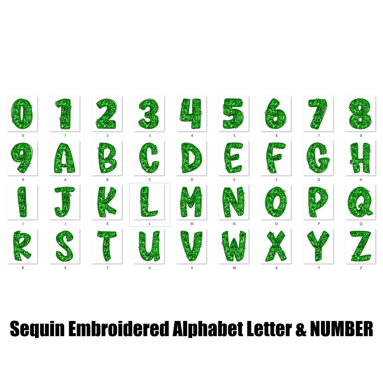 Green Sequin Alphabet and Number Clipart: Stitched Alpha PNG (digital ...