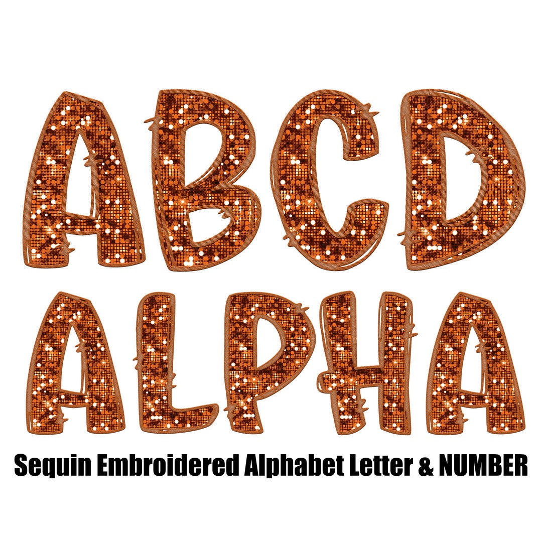 Sequin Orange Alphabet & Number Clipart: Stitched Alpha PNG (digital ...