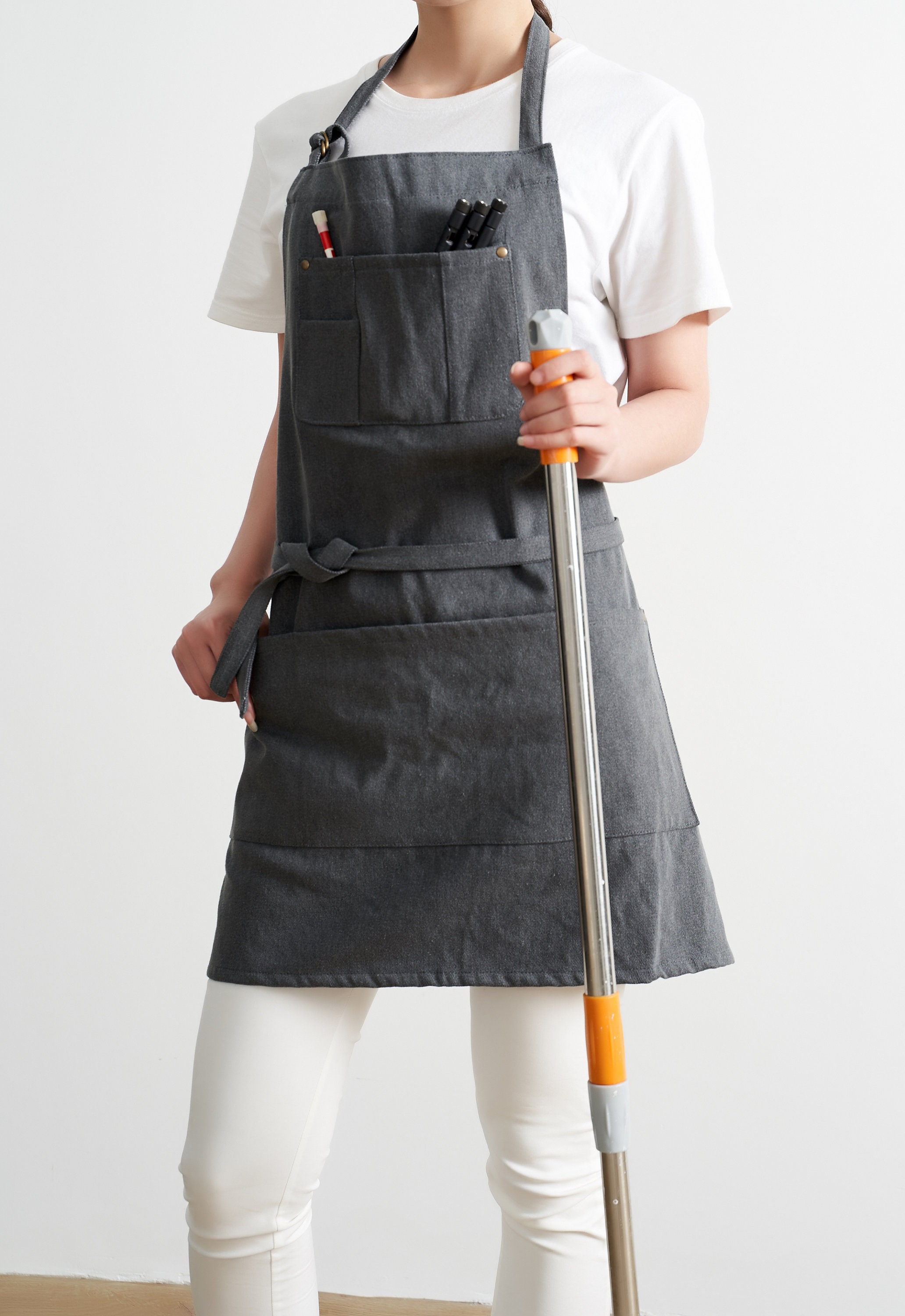 Custom Logo No Distress Denim Apron in Dark Gray Cotton Fabric, Apron ...