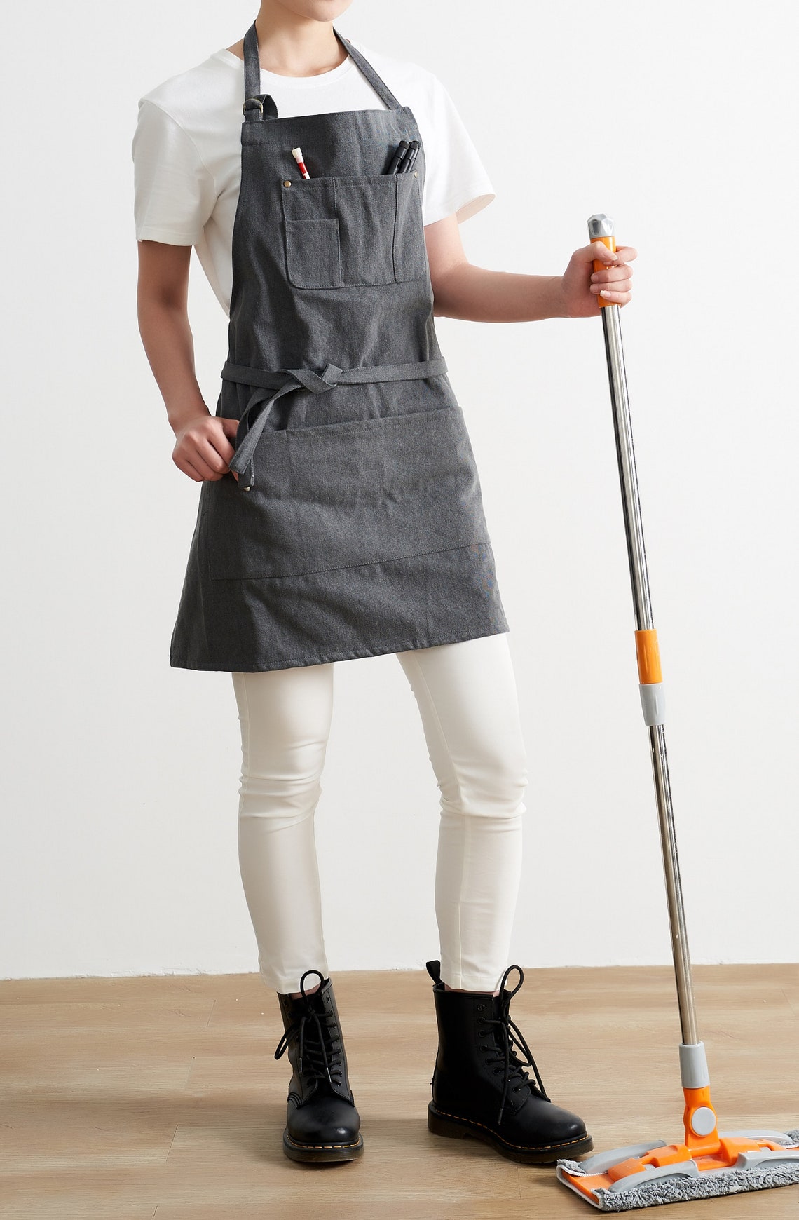 Custom Logo No Distress Denim Apron in Dark Gray Cotton Fabric, Apron ...