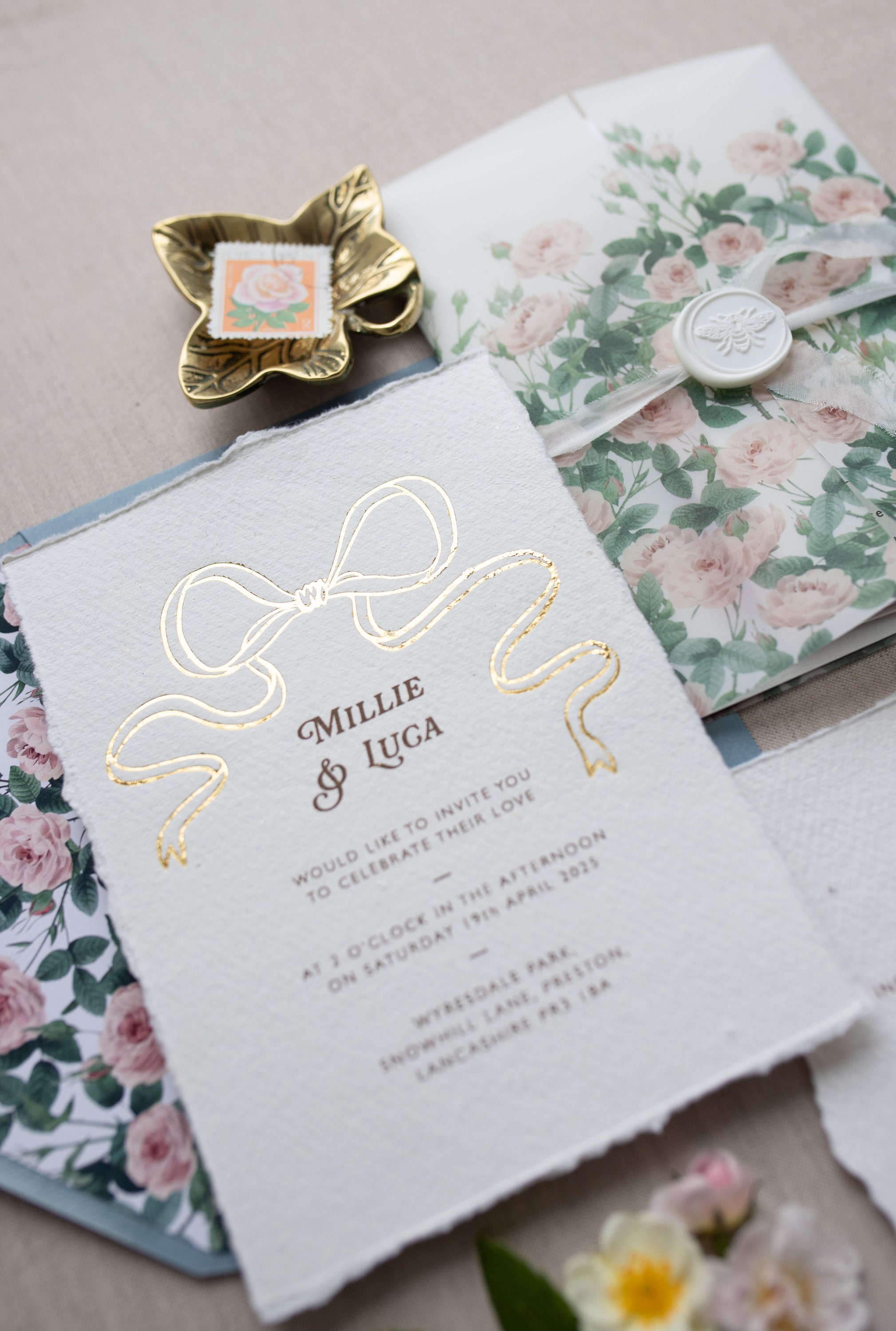 Gold Foil Bow Wedding Invitation: Handmade Cotton Paper - Etsy