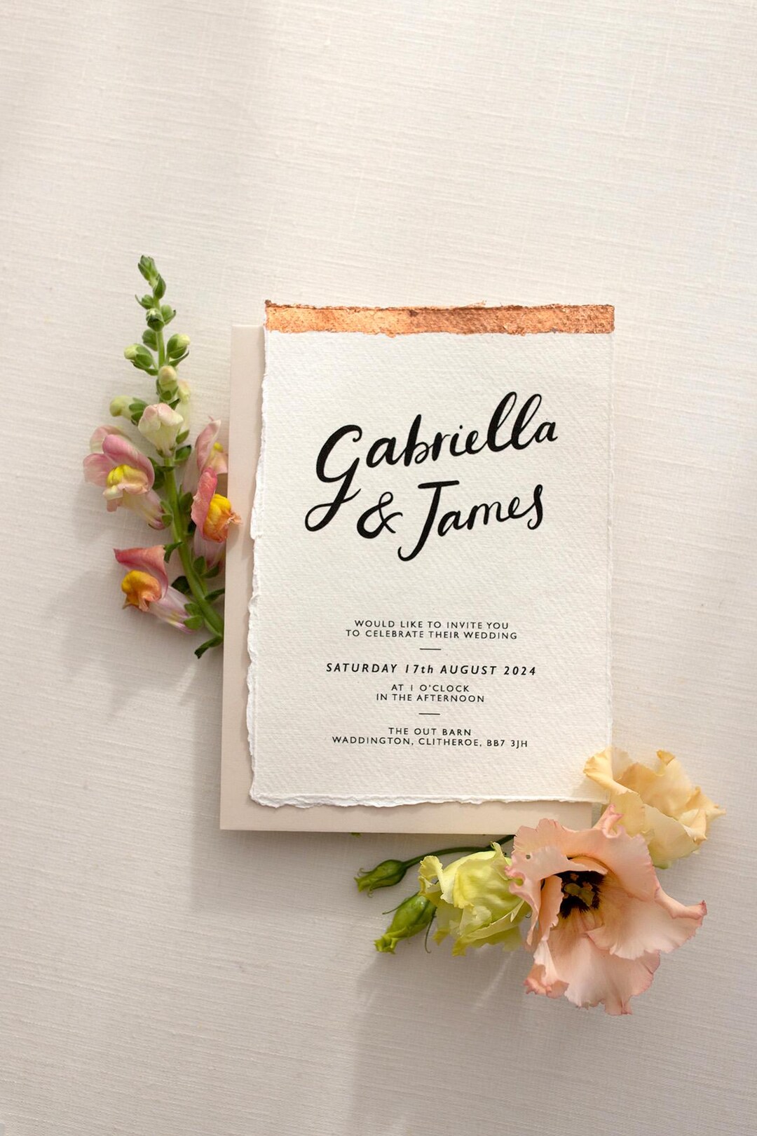 Modern Calligraphy Wedding Invitation, Copper Leaf Wedding Invitation ...