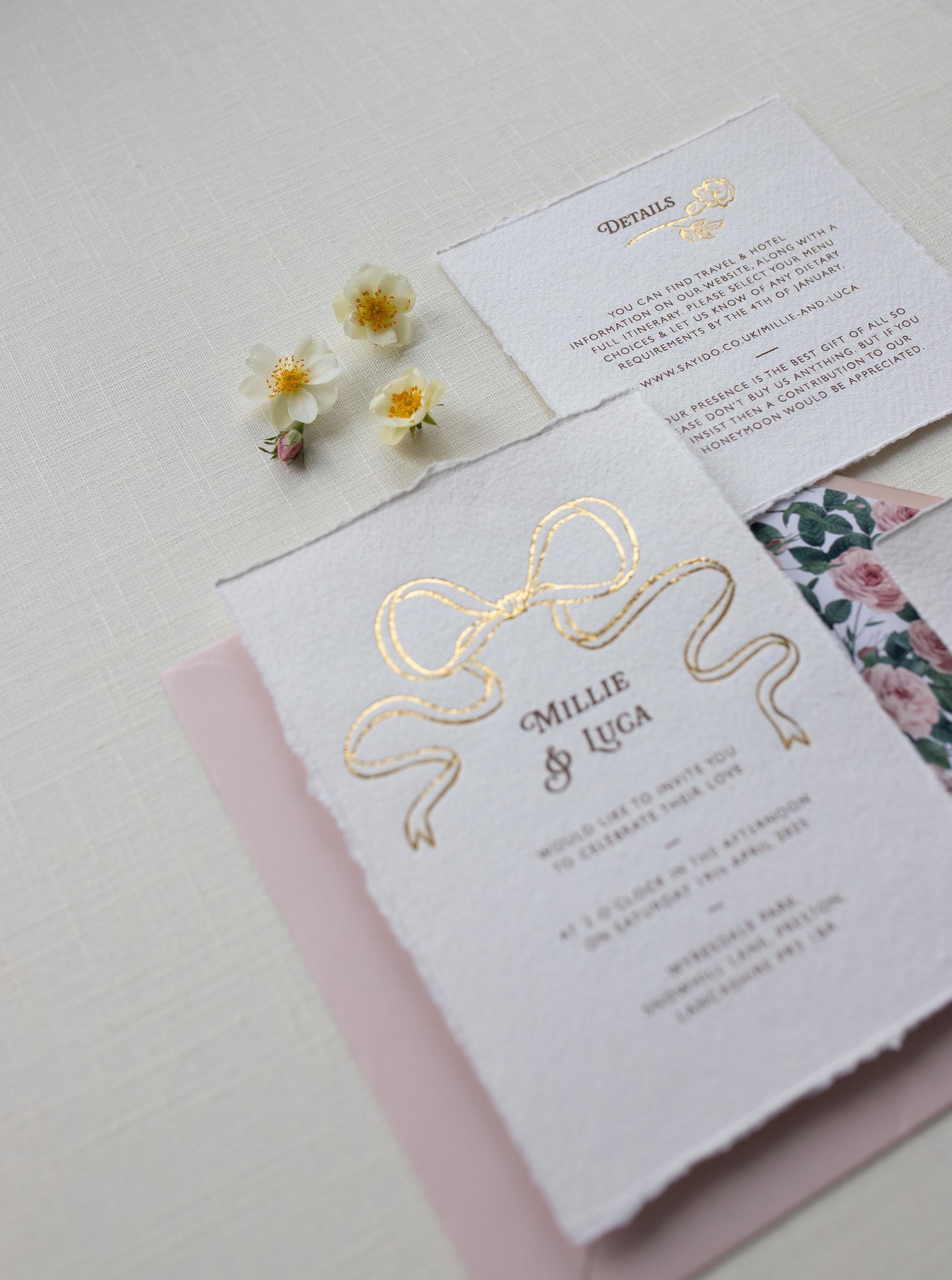 Gold Foil Bow Wedding Invitation: Handmade Cotton Paper - Etsy