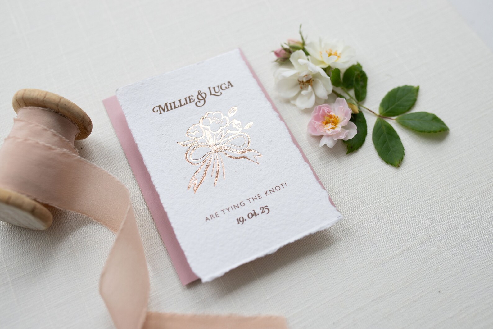 Rose Gold Foil Bow Save the Date: Handmade Cotton Paper - Etsy