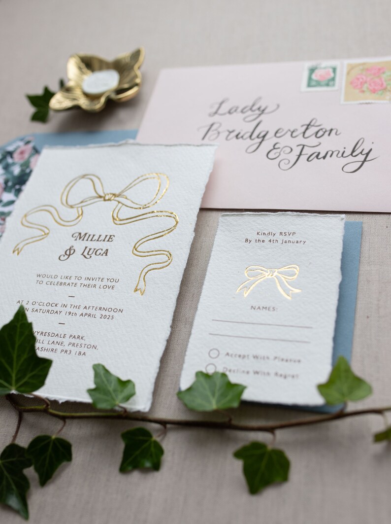 Gold Foil Bow Wedding Invitation: Handmade Cotton Paper - Etsy