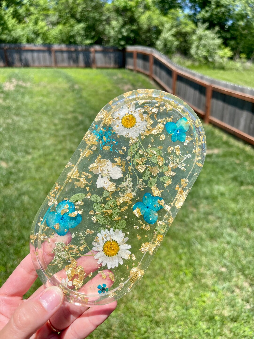 Floral Decorative Resin Dish With Gold Flakes, Blue Resin Dish, Jewelry ...