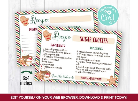 Editable Christmas Cookie Exchange Recipe Card Holiday Recipe | Etsy