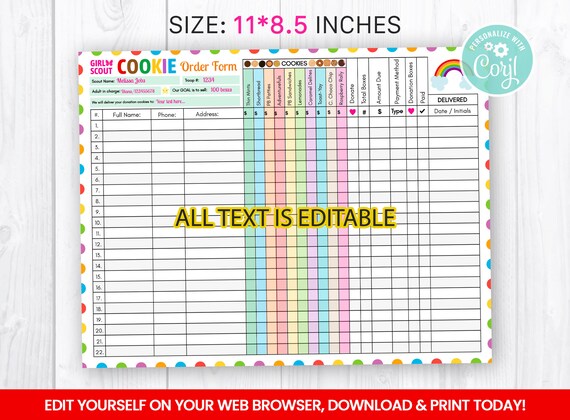 Editable ABC Girl Scout Cookie Order Form, Sales Delivery Note, Self ...
