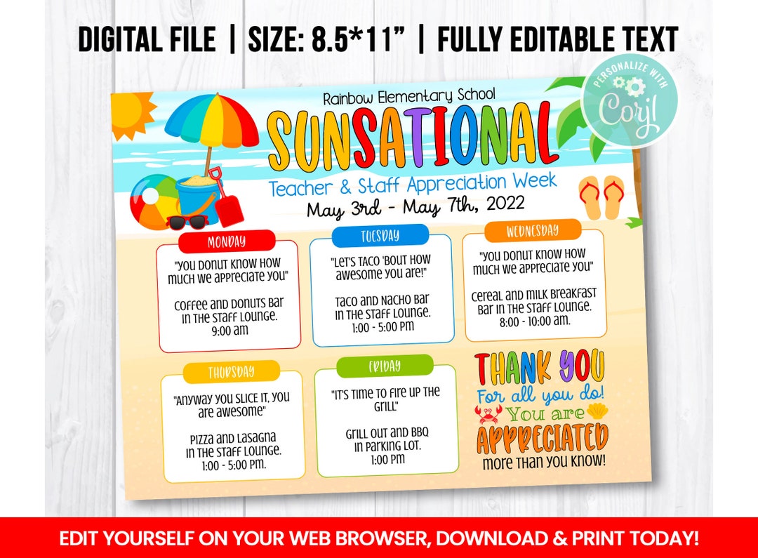 EDITABLE Teacher and Staff Appreciation Week Flyer, Itinerary Week Self ...