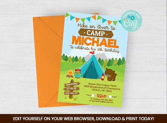 Editable Camping Party Invitation, Camp Out Self Editing Invite ...