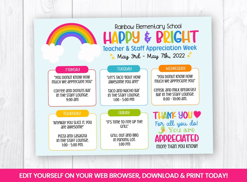 EDITABLE Teacher and Staff Appreciation Week Flyer Itinerary - Etsy