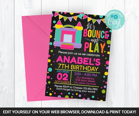 Editable Bounce House Invitation Girl Self Editing Invite Chalkboard
