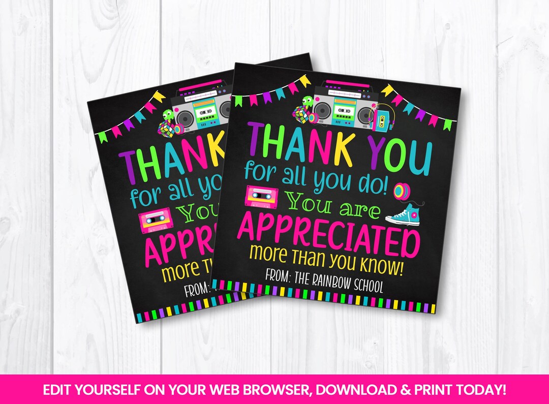 EDITABLE Retro 80s Themed Teacher Appreciation Week Gift Tag, Educators ...