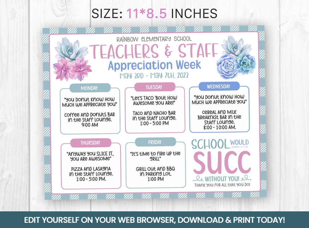 EDITABLE Watercolor Succulent Teacher & Staff Appreciation Flyer ...