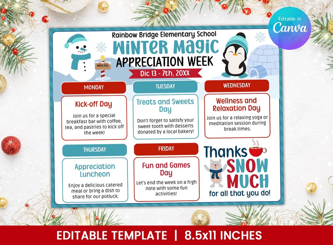 EDITABLE Winter Teacher Staff Appreciation Flyer, Itinerary Week, Self ...