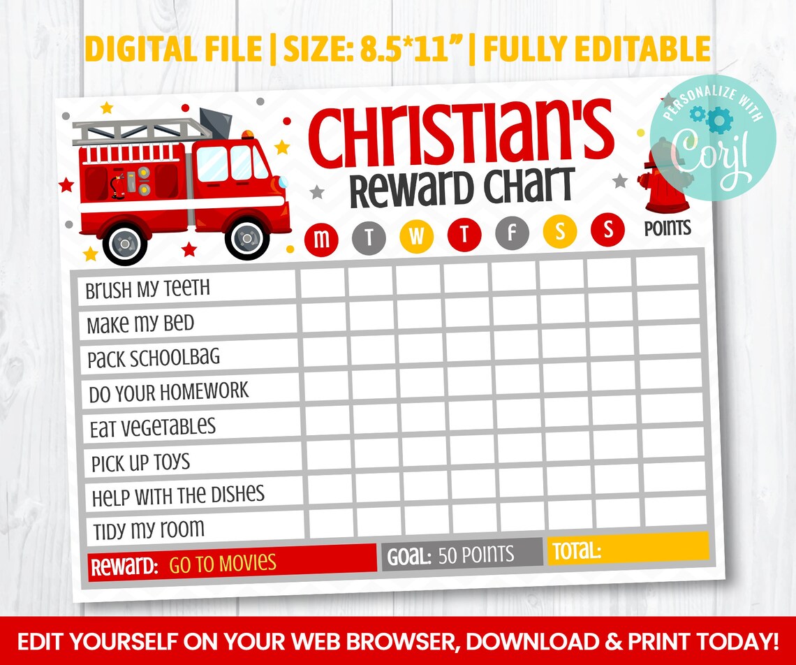 EDITABLE Fire Truck Reward Chart Firefighter Routine Chart - Etsy