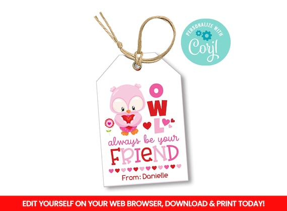 EDITABLE Owl gift tags, Friend treat tags ideas, Valentine Self Editing ...