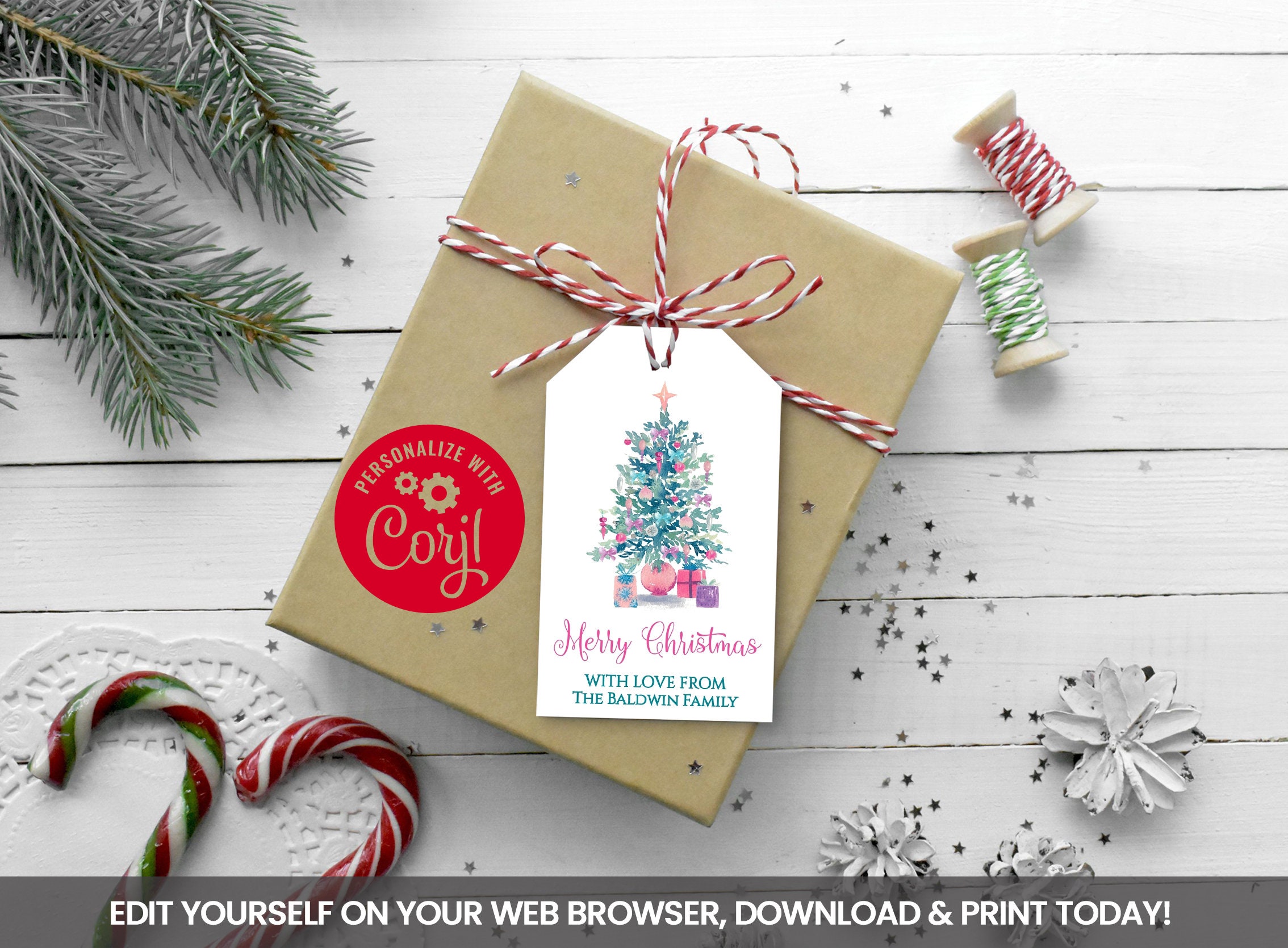 Editable Merry Christmas Gift Tags Watercolor Xmas Tree and - Etsy